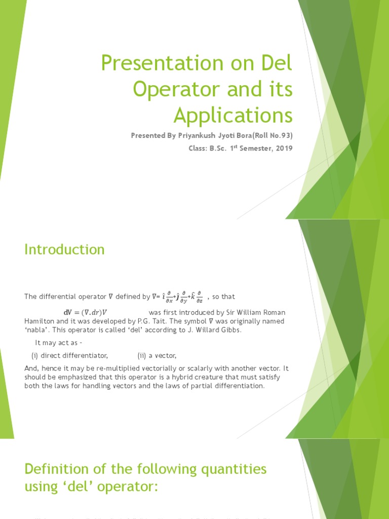 Presentation On Del Operator and Its Applications | PDF | Divergence | Flux