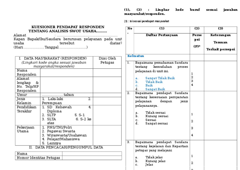 Contoh Kuesioner ANALISIS SWOT | PDF