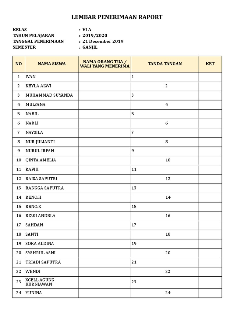 Lembar Penerimaan Raport | PDF