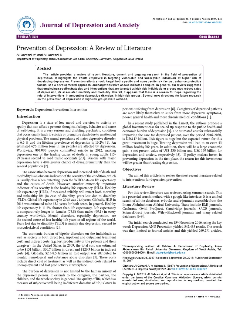 Prevention of Depression A Review of Literature 2167 1044 1000292 | PDF ...