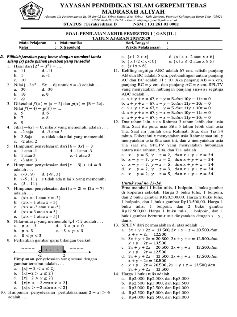 Soal PAS MTK Kelas X 2019-2020 | PDF