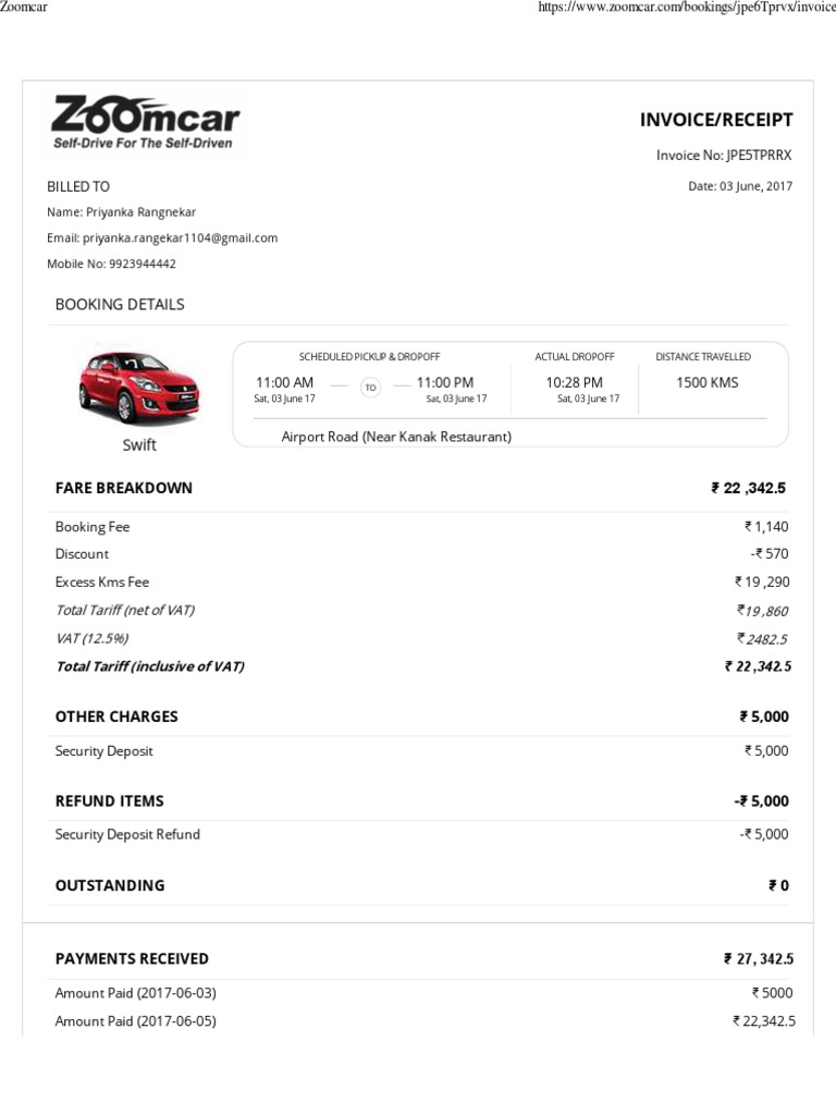 Zoomcar Final | PDF | Receipt | Invoice