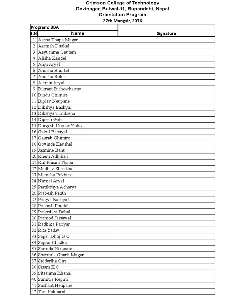 Attendance Sheet For Orientation | PDF
