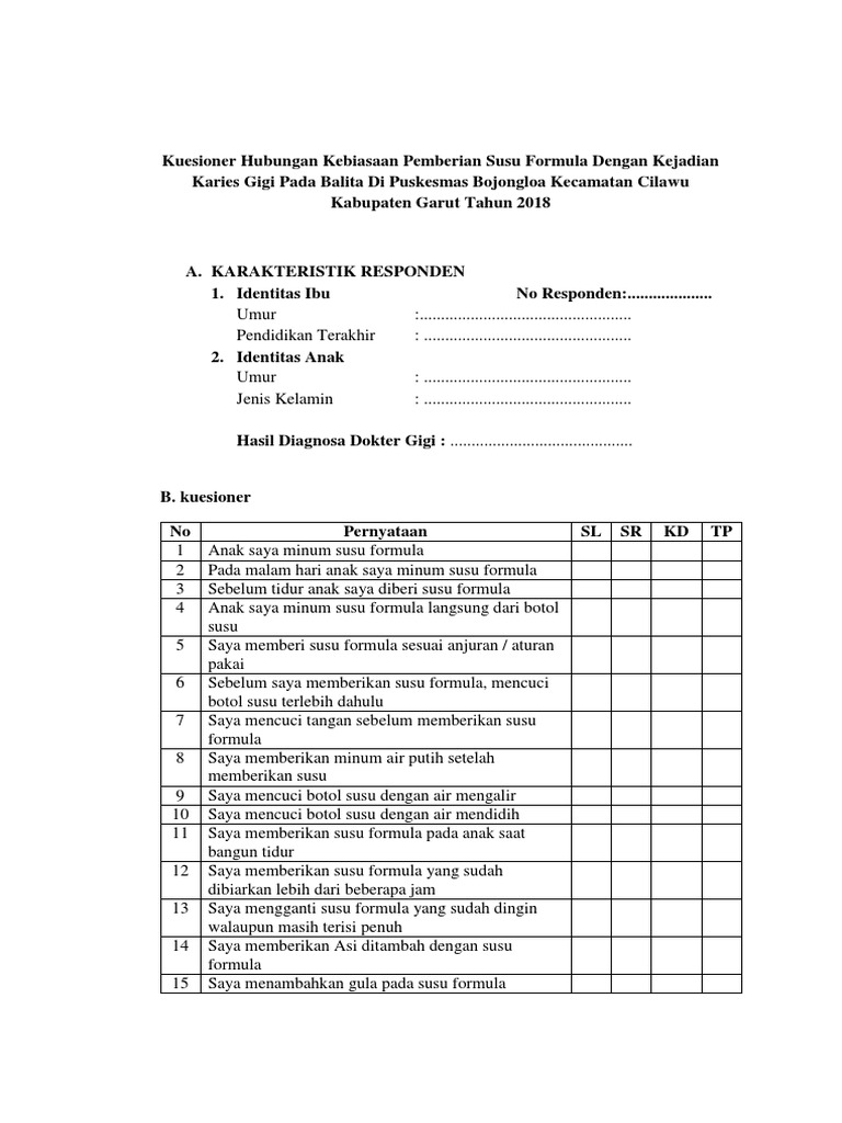 Kuesioner Hubungan Kebiasaan Pemberian Susu Formula Dengan Kejadian ...