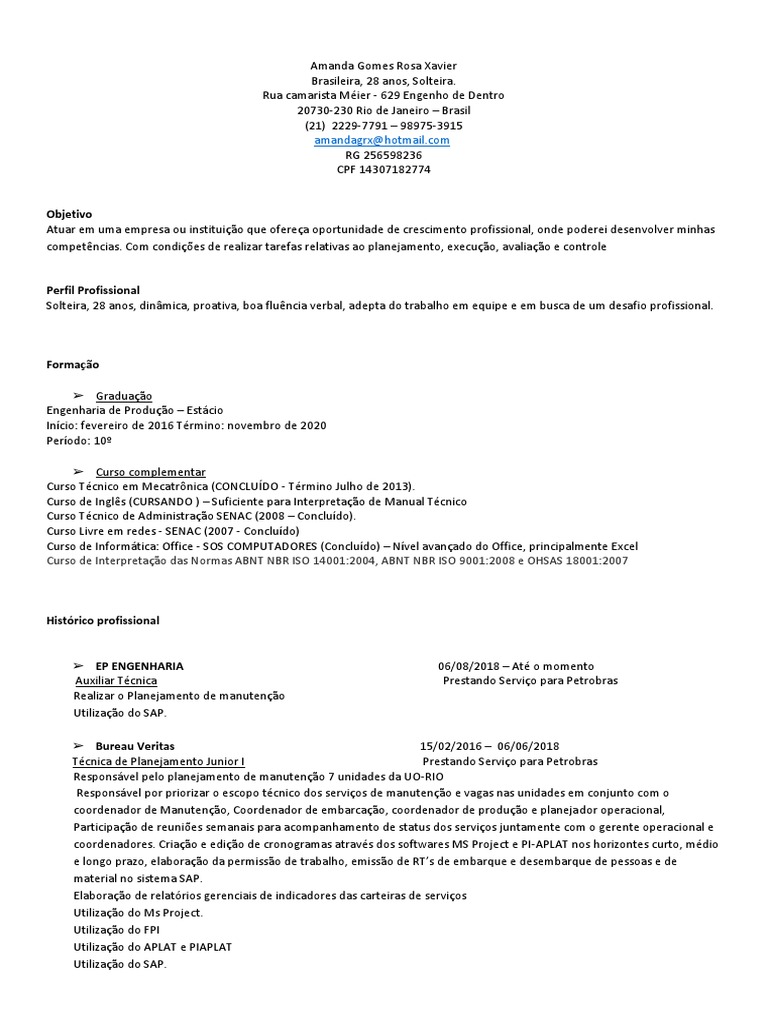 Currículo Amanda Gomes | PDF | Planejamento | Engenharia