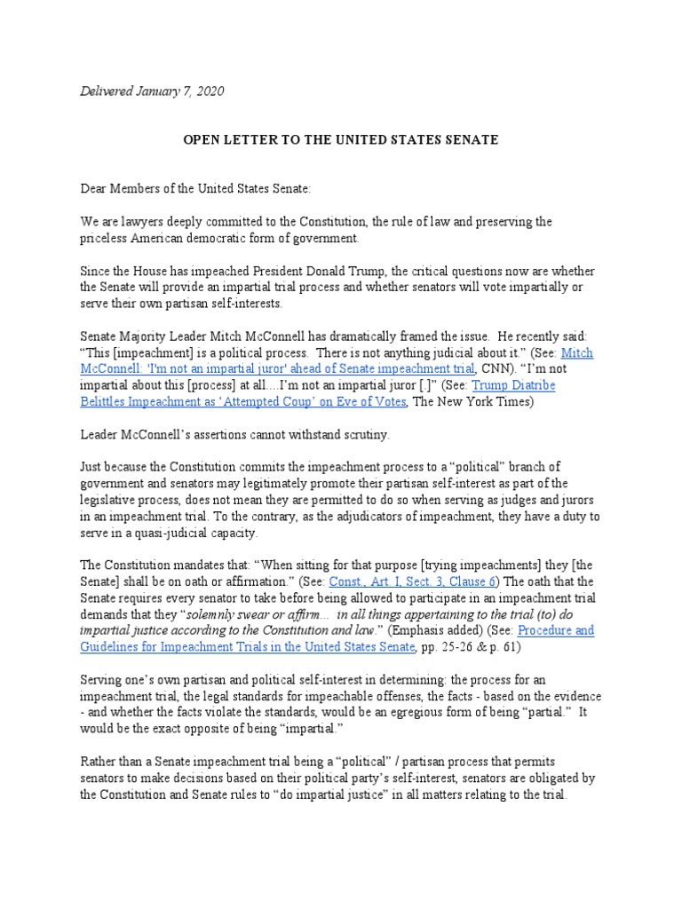 Open Letter to the United States Senate | Impeachment | United States ...