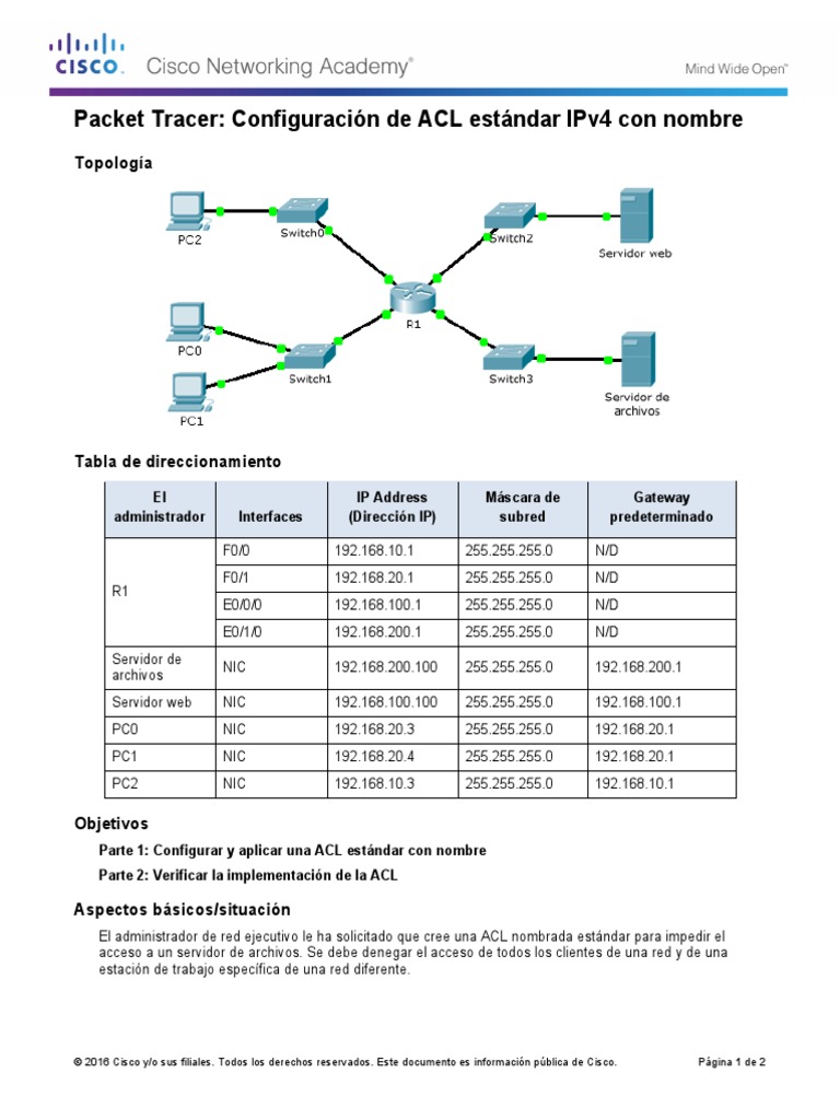 7.2.1.7 Packet Tracer - Configuring Named Standard IPv4 ACLs Instructions PDF | Descargar gratis ...