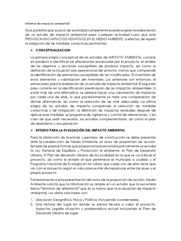Informe de Impacto Ambiental | PDF | Evaluación de impacto ambiental ...