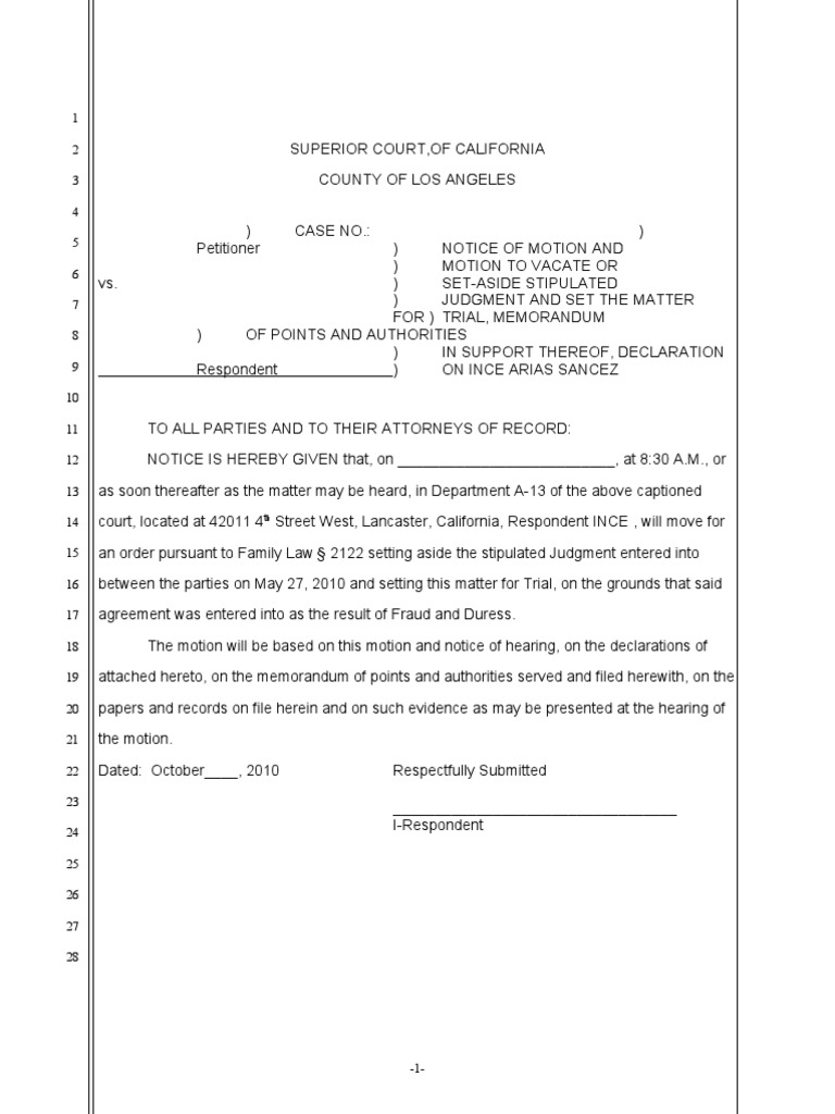 Motion To Set Aside Stipulated Judgment | PDF | Mail | United States ...