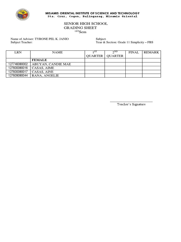 Senior High School Grading Sheet 1st Sem | PDF