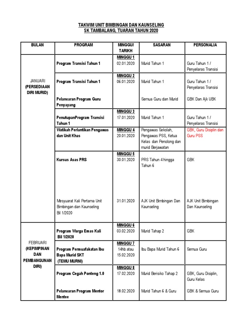 Takwim Unit Bimbingan Dan Kaunseling 2020 SKT | PDF