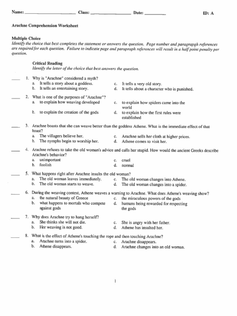 Arachne Comprehensionworksheet | PDF