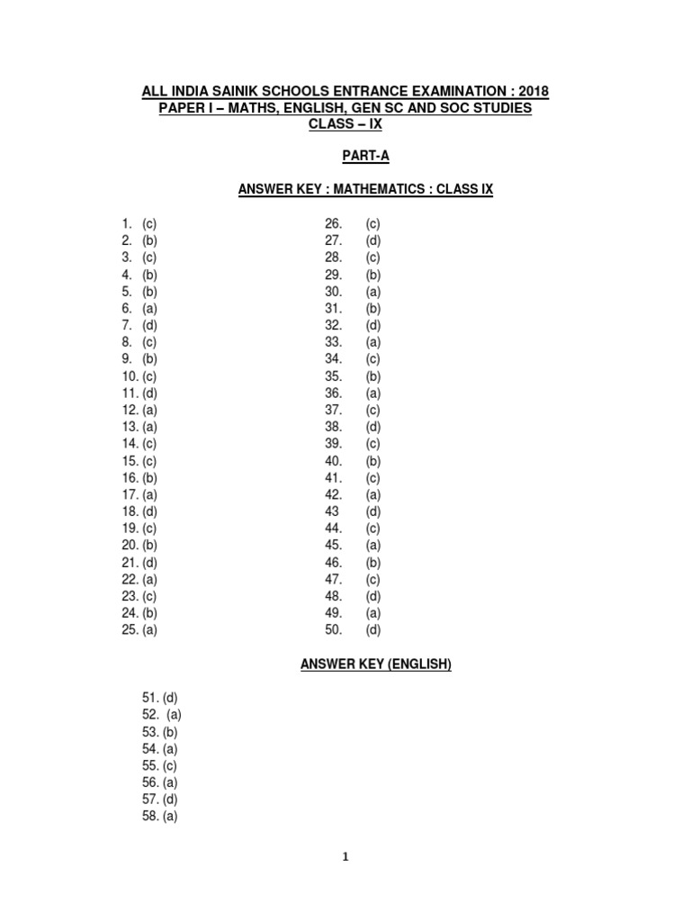 AISSEE-2018 Answer Key IX Paper-I | PDF
