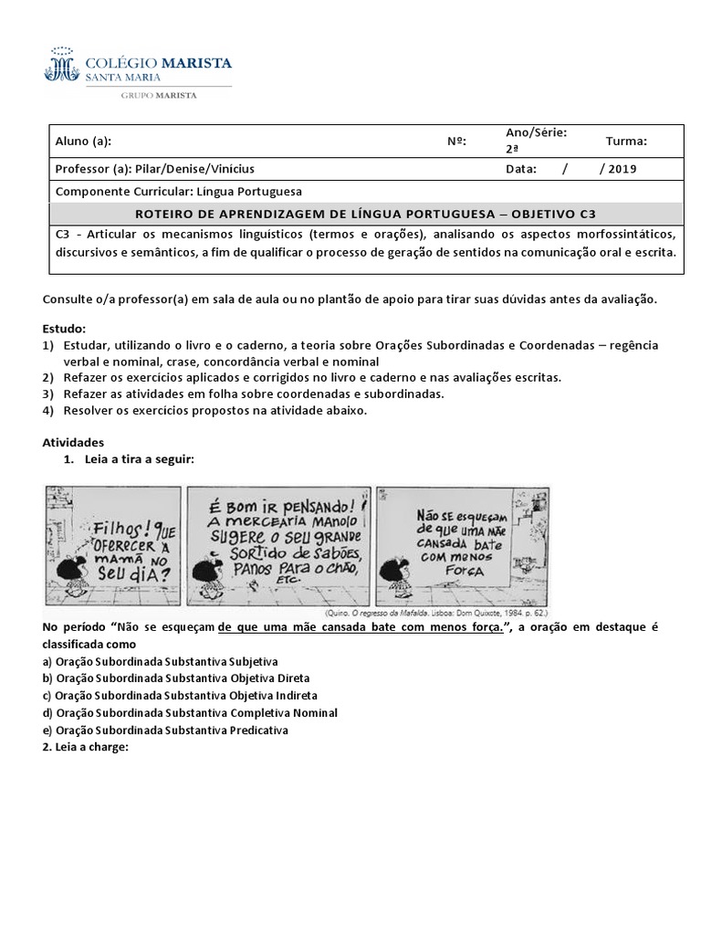 Roteiro de Aprendizagem LP C3 2019 2em | PDF | Pronome | Sintaxe