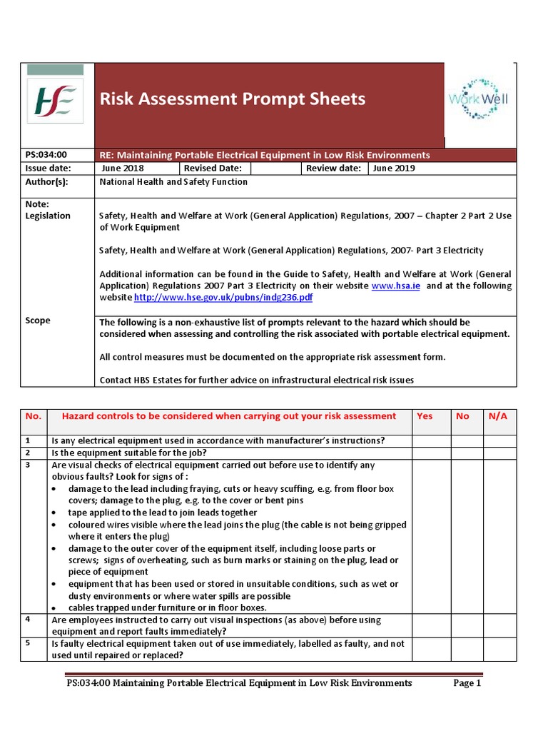 Portable Electrical Equipment Prompt Sheet | Download Free PDF ...