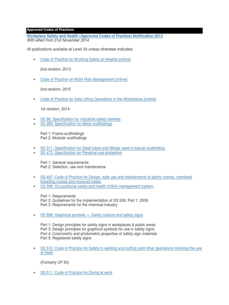 Approved Codes of Practices (SG) | PDF | Dangerous Goods | Occupational ...