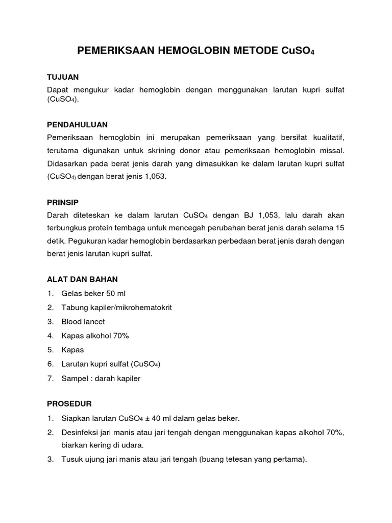 Determining Hemoglobin Levels Using the Copper Sulfate (CuSO4) Method | PDF