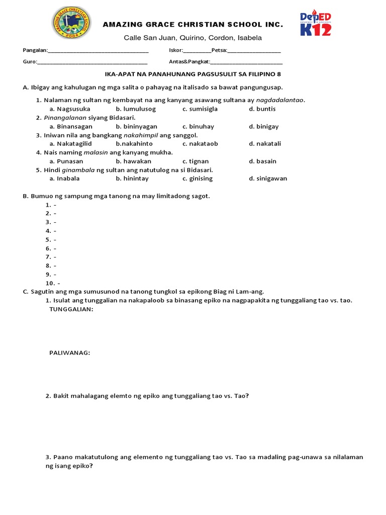 Filipino Grade 7 Exam | PDF