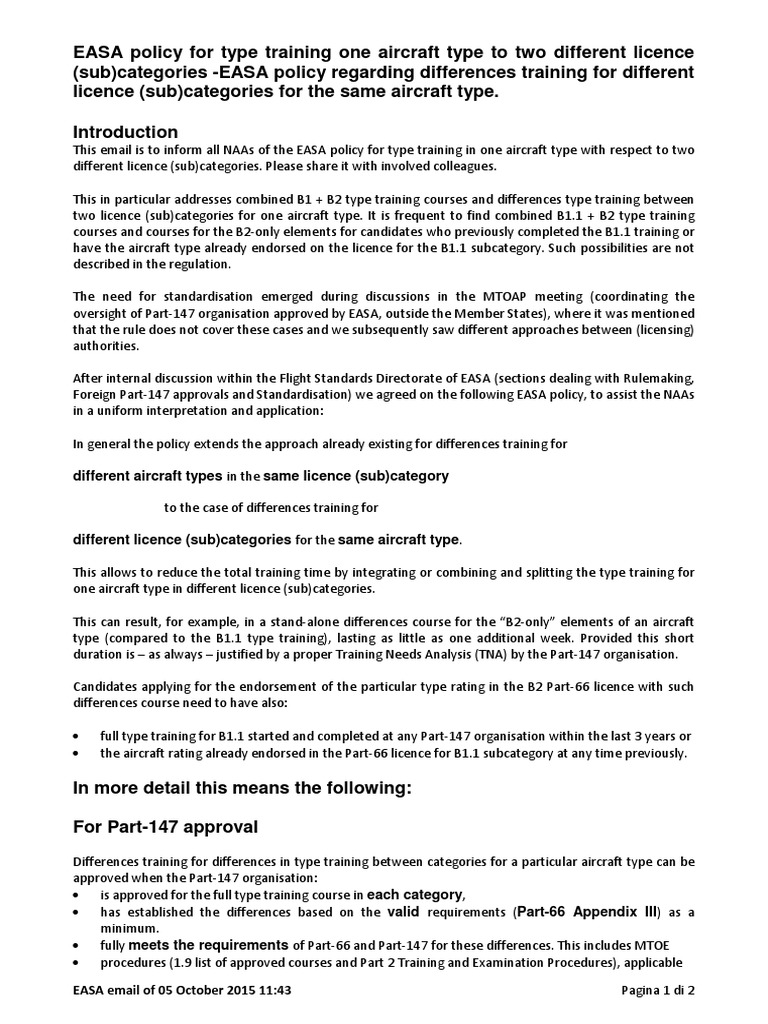 EASA Policy For Type Training One Aircraft Type To Two Different ...