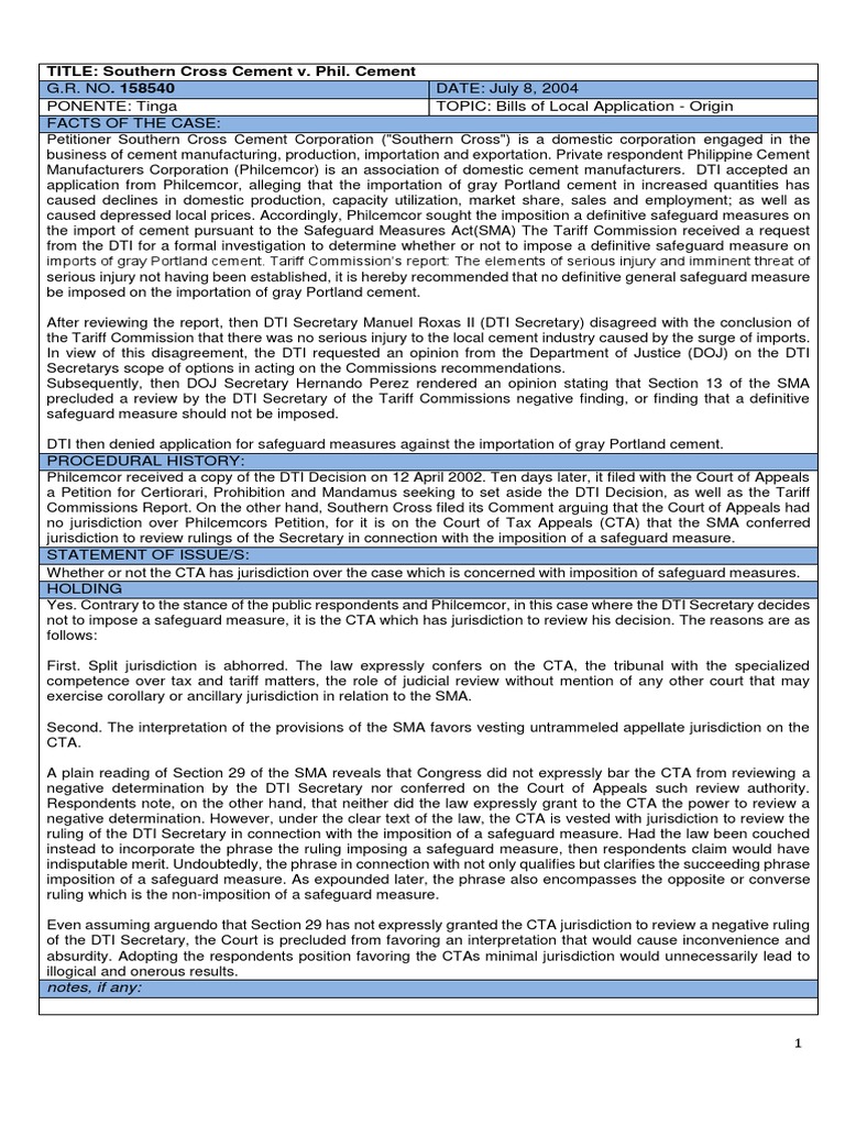 Jurisdiction in Cement Safeguard Case | PDF | Jurisdiction | Appeal