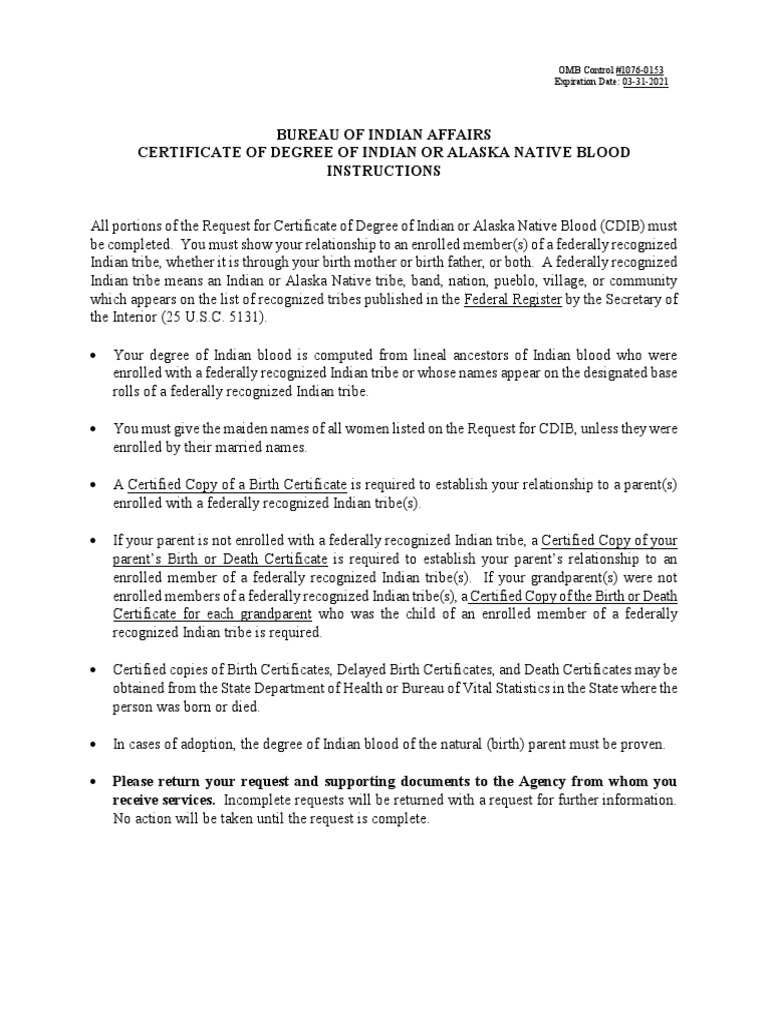 Certificate of Degree of Indian Blood 1076-0153 Exp3-31-21 508 | PDF ...