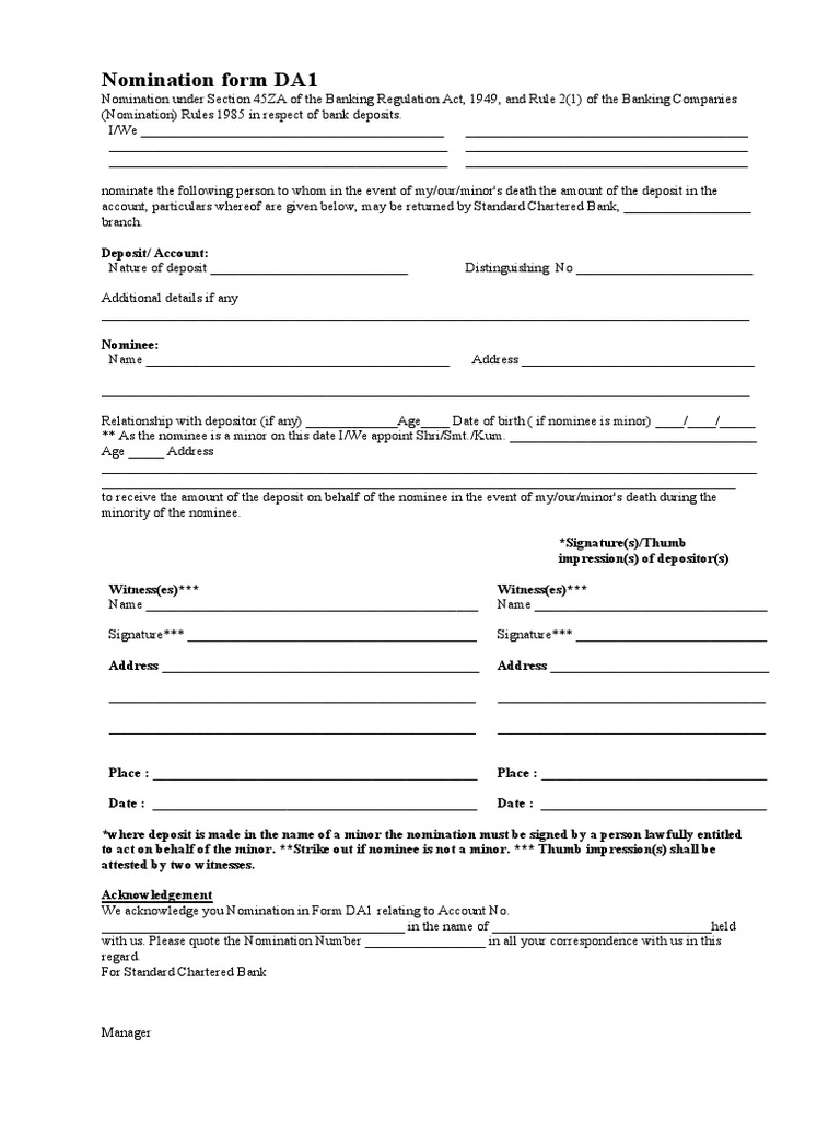 SCB Nomination Form | PDF | Deposit Account | Banks