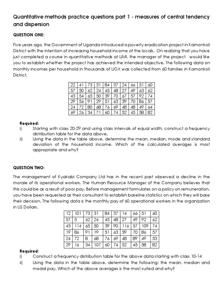 Quantitative Methods Practice Questions Part I - Measures of Central Tendency and Dispersion PDF ...