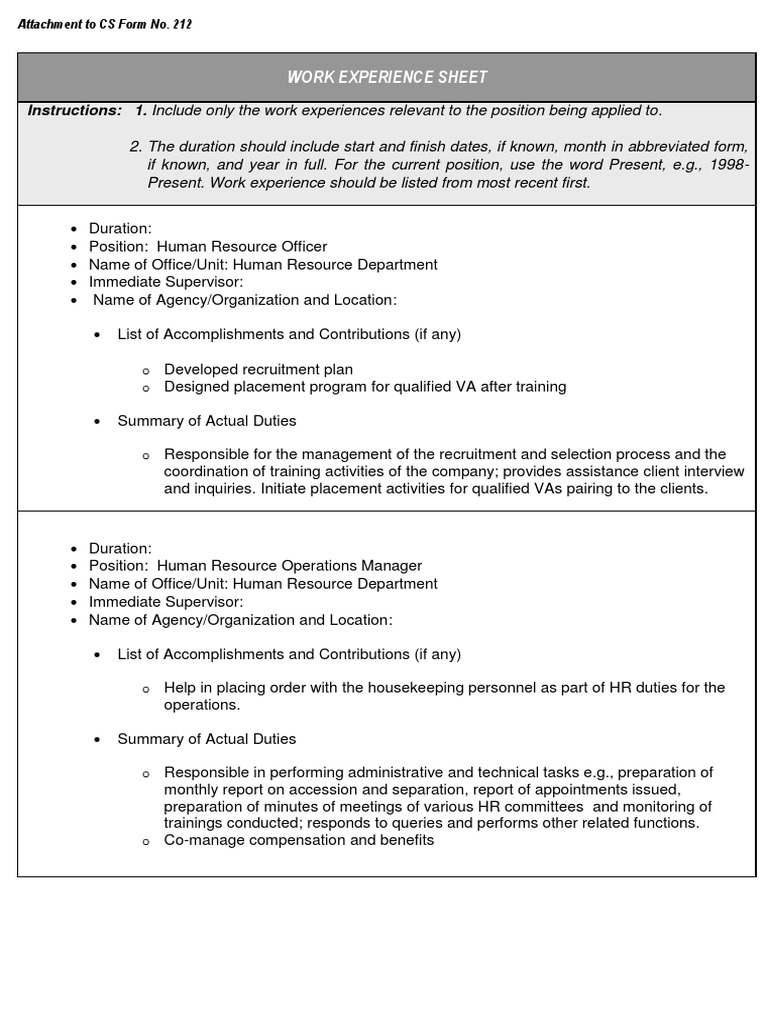 Cs Form No. 212 Attachment | PDF | Human Resource Management | Recruitment