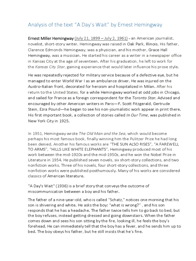 Analysis of The Text "A Day's Wait" by Ernest Hemingway | Download Free ...