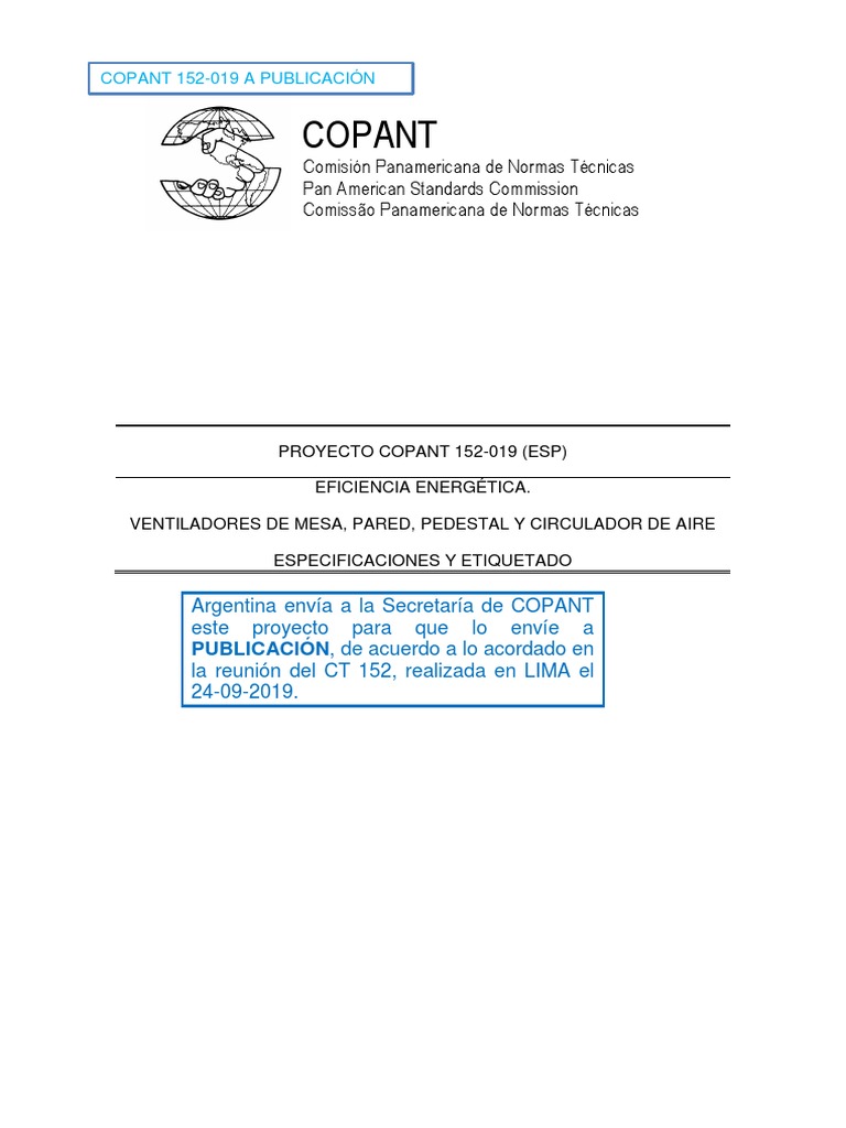 COPANT 152-019 Ventiladores de Mesa A Publicación | PDF | Uso eficiente ...