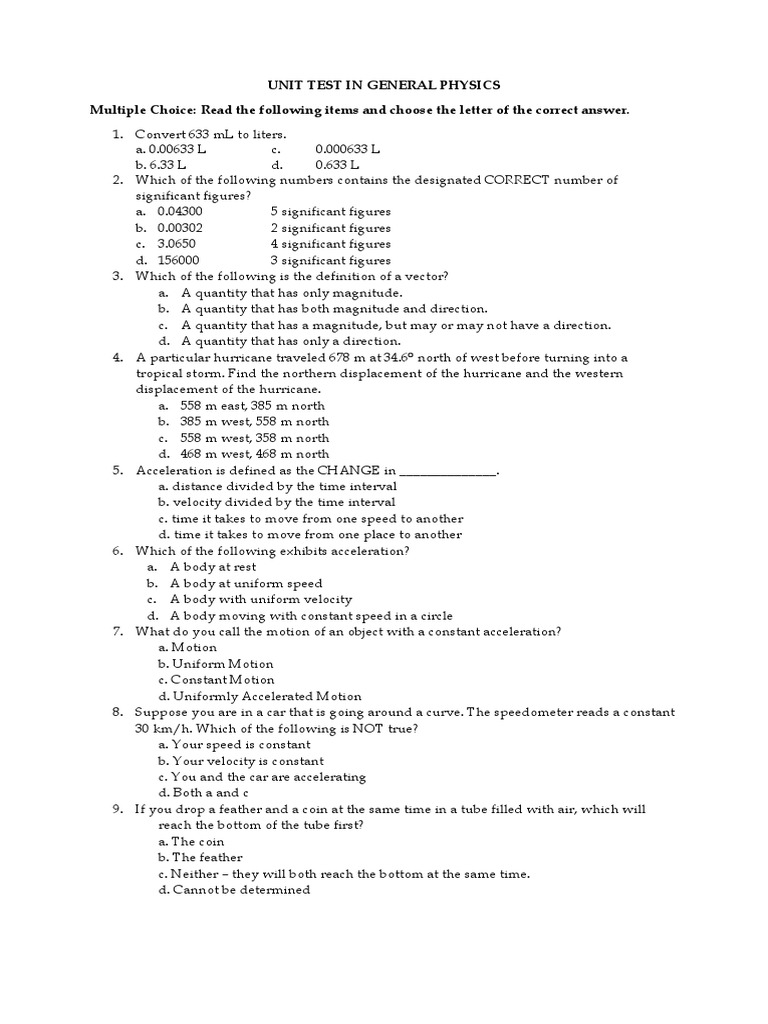 General Physics Unit Test Questions | PDF | Acceleration | Speed