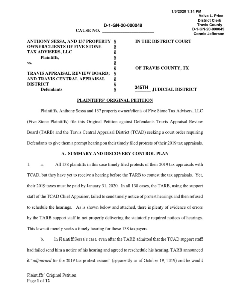 Tcad Lawsuit | PDF | Real Estate Appraisal | Lawsuit