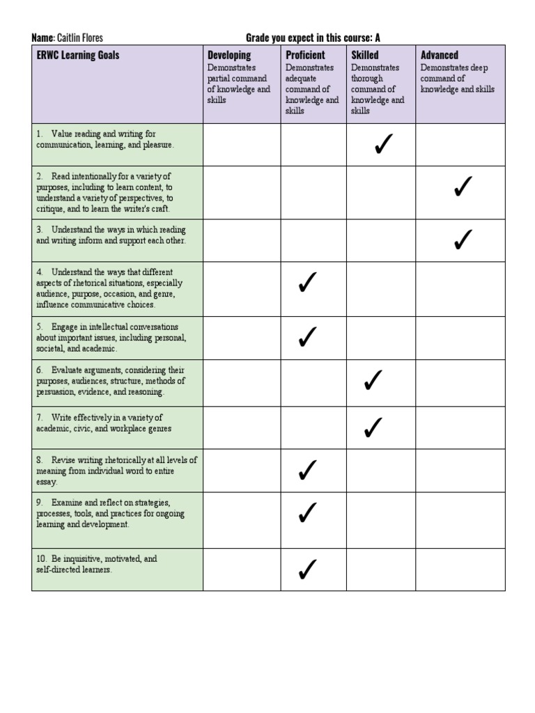 Erwc Self Ass Goals | PDF | Rhetoric | Learning