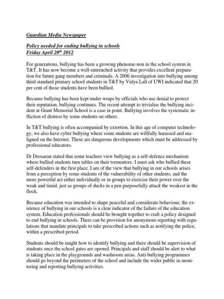 Newspaper Article On Bullying | PDF | Bullying | Aggression