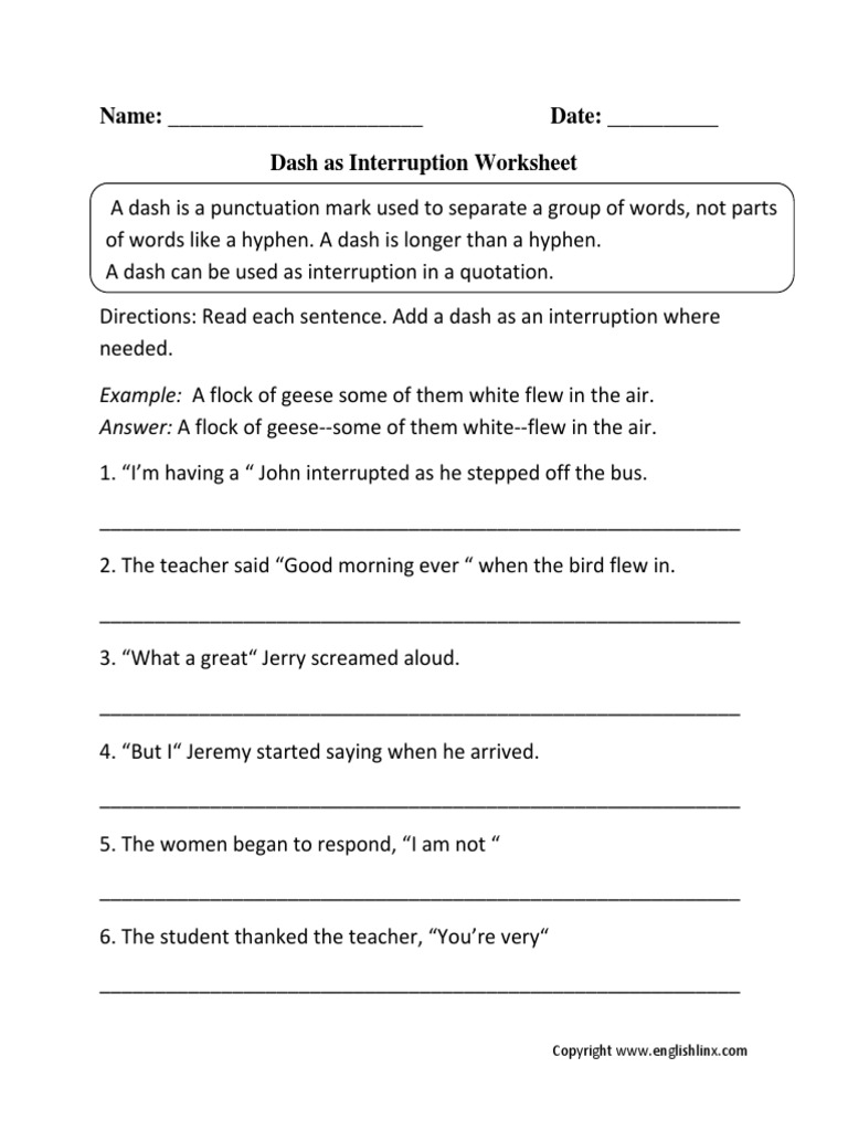 Dash As Interruption Worksheet | PDF | Language Arts & Discipline