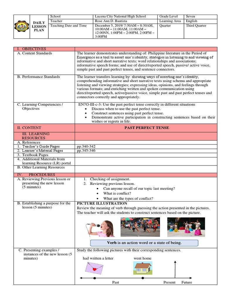 Past Perfect Tense Lesson Plan | PDF | Perfect (Grammar) | Teaching