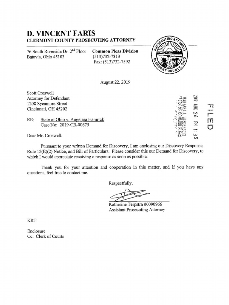 Angelina Hamrick bill of particulars