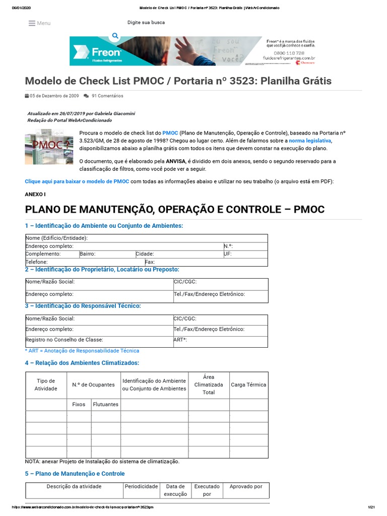 Modelo de Check List PMOC - Portaria Nº 3523 - Planilha Grátis ...
