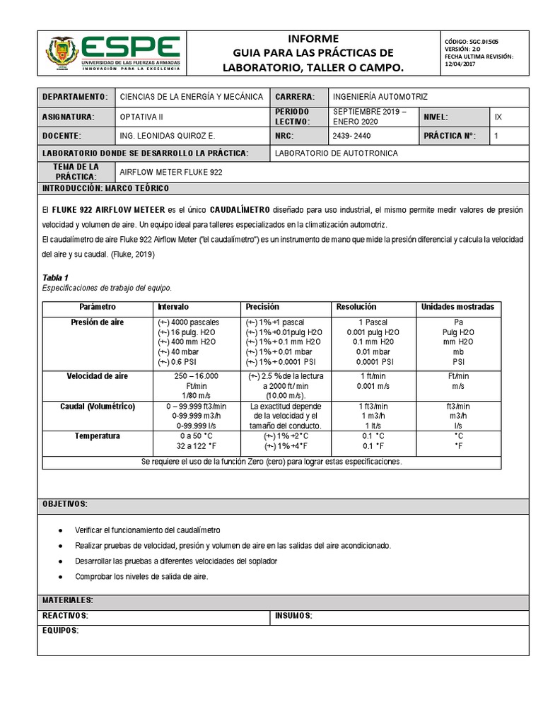 Guía de Práctica: Caudalímetro Fluke 922 | PDF | Descarga (hidrología) | Laboratorios