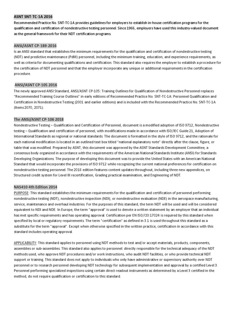 ASNT & NAS Spec Description | PDF | Nondestructive Testing | Evaluation