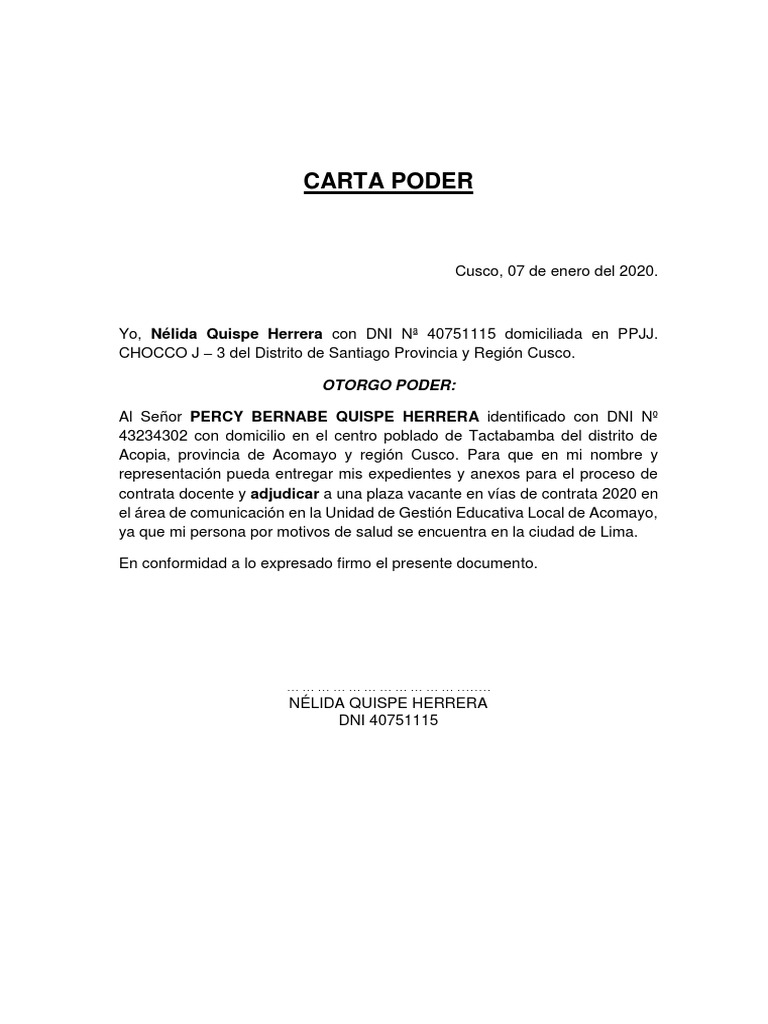 Carta Poder Para Adjudicar Plaza Docente Pdf