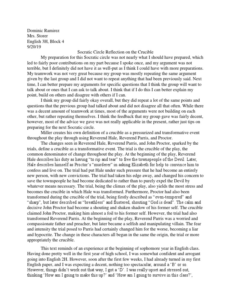 Socratic Seminar-The Crucible Reflection | PDF