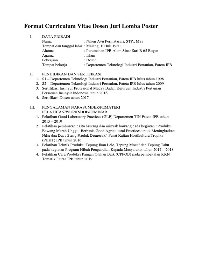 Format Curriculum Vitae Dosen Juri Lomba Poster - Niken | PDF