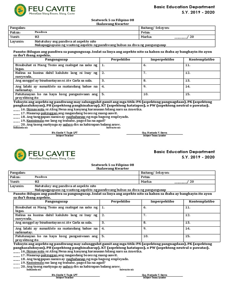 Seatwork 5 Sa Filipino 08 | PDF