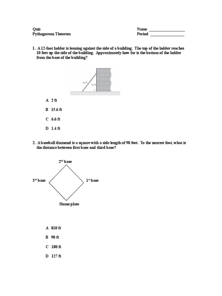 Quiz Pythagorean Theorem | PDF