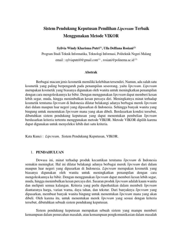 Sistem Pendukung Keputusan Pemilihan Lipcream Menggunakan Metode Vikor | PDF | Metode & Bahan Ajar