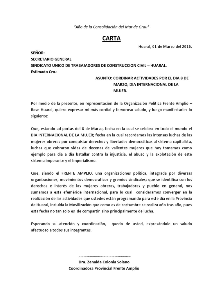 Modelo De Carta Para Sindicato