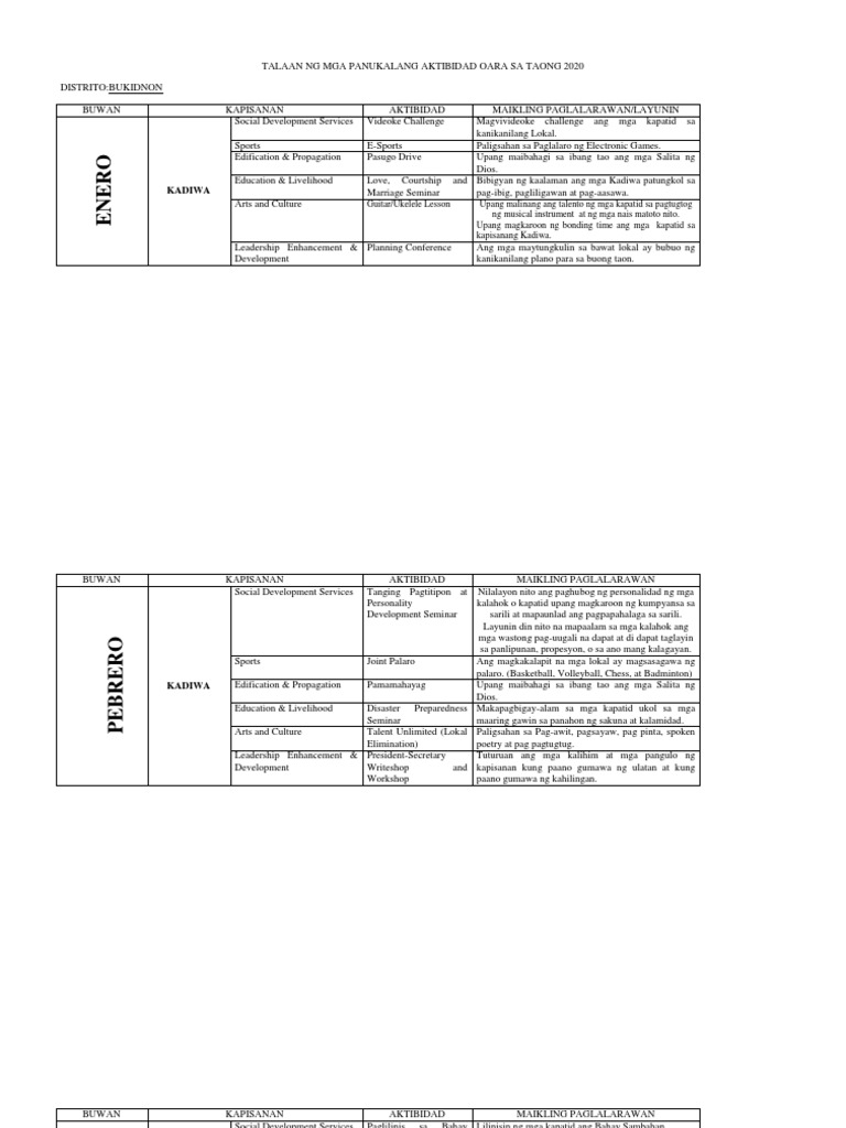 2020 Calendar of Activities Final | PDF