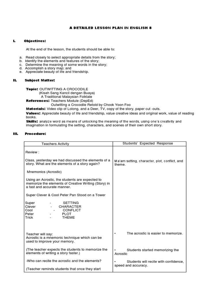 A Detailed Lesson Plan in English 8 | PDF | Lesson Plan | Cognition