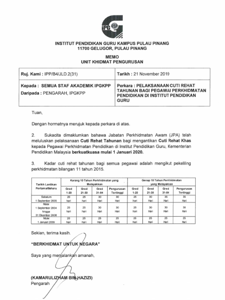 Memo Cuti Rehat Tahunan | PDF